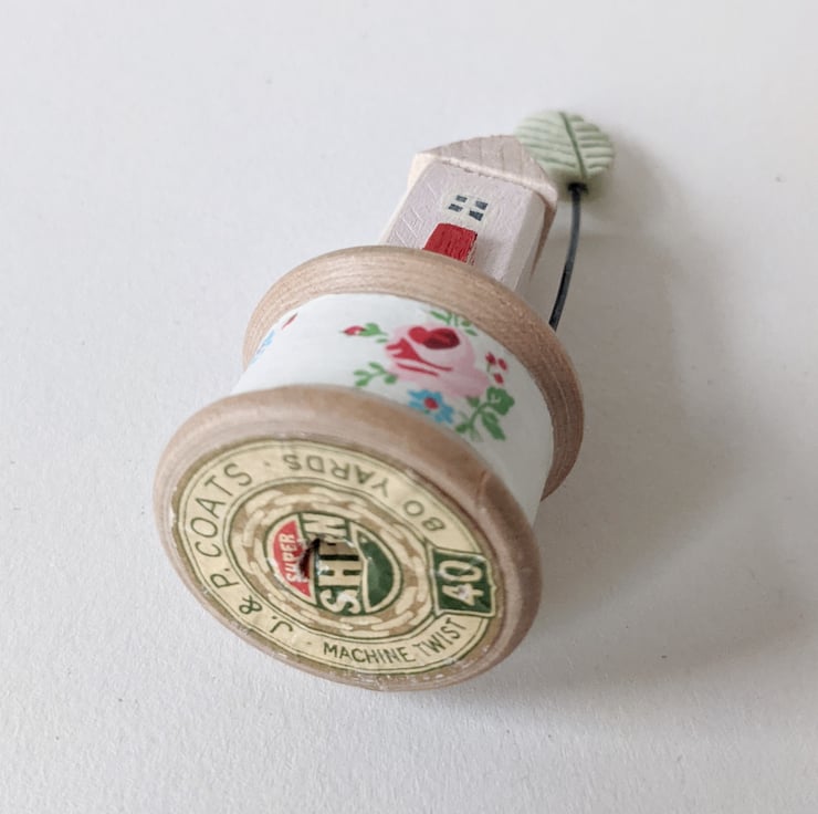 Wooden House on a Vintage Bobbin with Clay Tree - Folksy