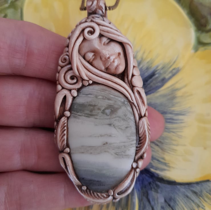 Larsonite and Polymer Clay Goddess Pendant - Folksy