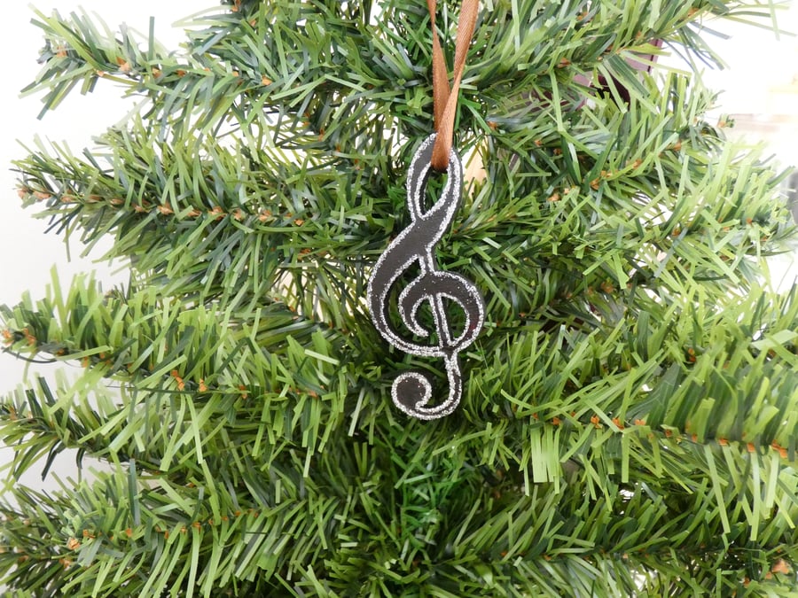 Unique Wooden Black Treble Clef with Silver Gli... - Folksy