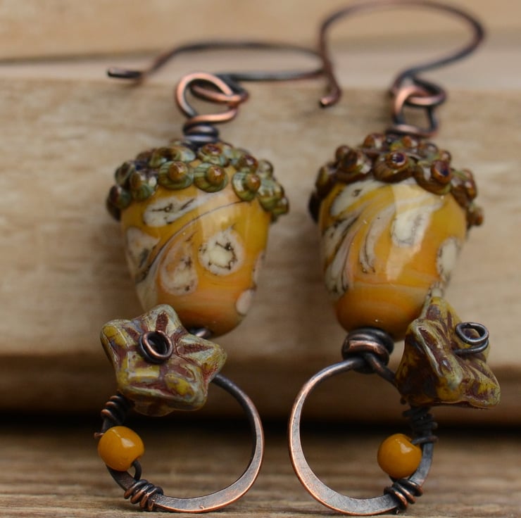 Mustard Acorn Lampwork Glass Bead and Copper Ea... - Folksy