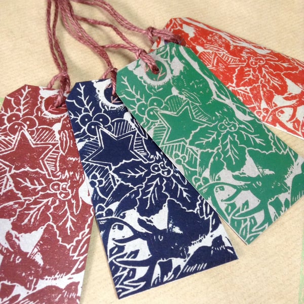 Set of Four Handprinted Stag and Hare Christmas... - Folksy