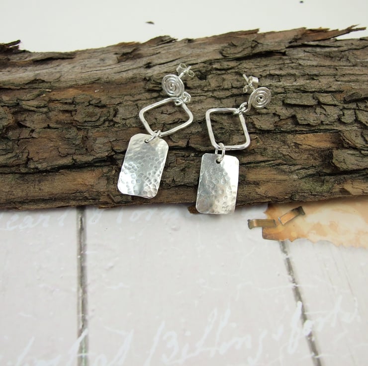 Sterling Silver Rectangle Earrings with Scrolle... - Folksy