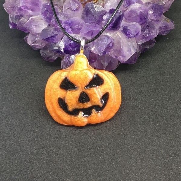 Pumpkin pendant on black cord chain. - Folksy