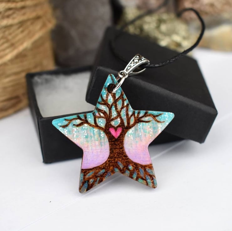 Pastel blossom tree, pyrography star pendant, t... - Folksy