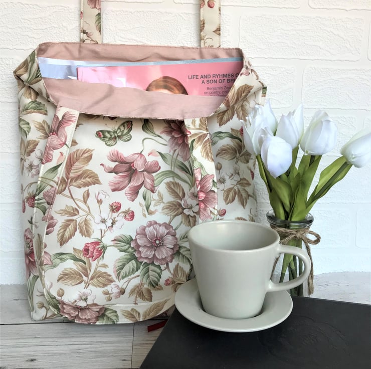 Pink patterned tote bag with flowers, wild stra... - Folksy