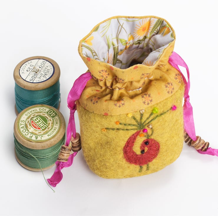 Miniature mustard wool felt drawstring bag with... - Folksy