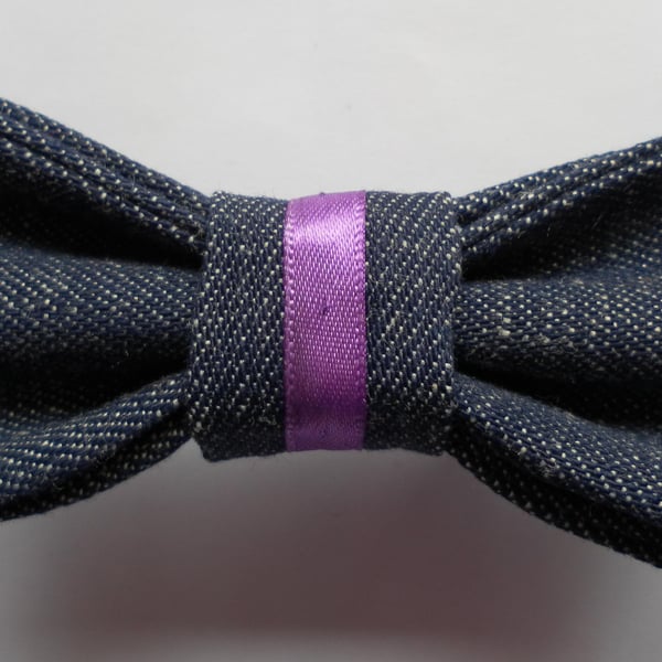 Denim Hair Bow with Purple Ribbon - Folksy