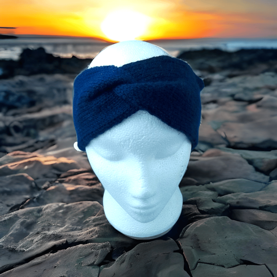 Hand knitted navy blue twisted headband ear war... - Folksy
