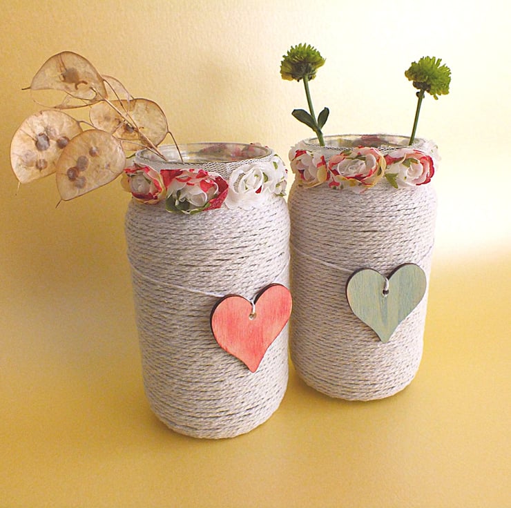 Two Rustic Glass Jar Vases With Flowery Trim an... - Folksy