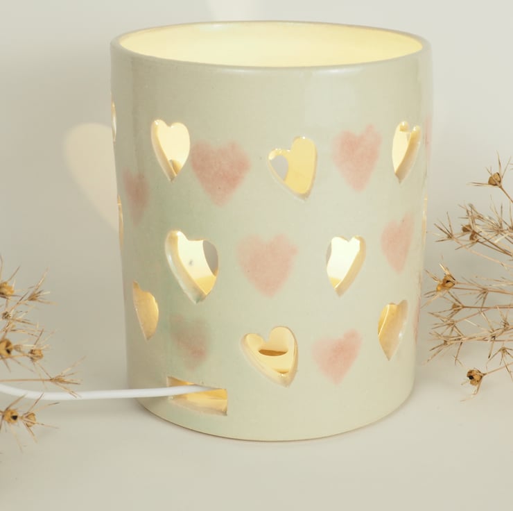 Ceramic USB powered Lamp - Pink Hearts - Folksy