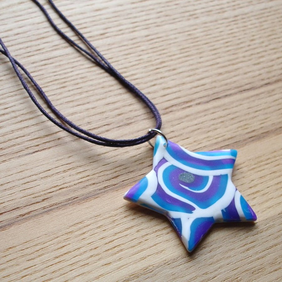 Blue Swirl Star FIMO Polymer Clay Pendant - Folksy