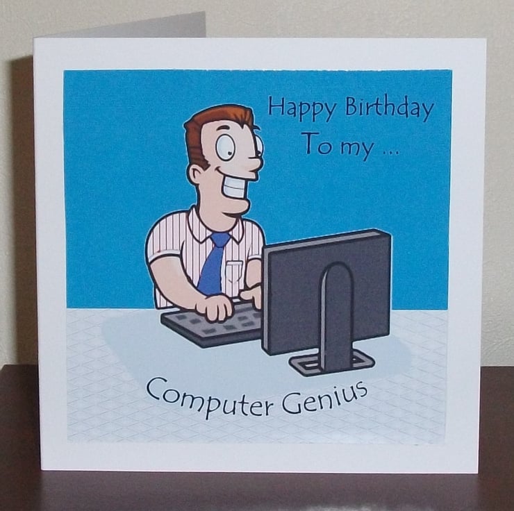 Male birthday card, computer user, blue - Folksy