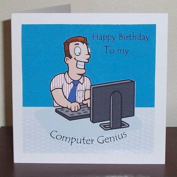 Male birthday card, computer user, blue - Folksy
