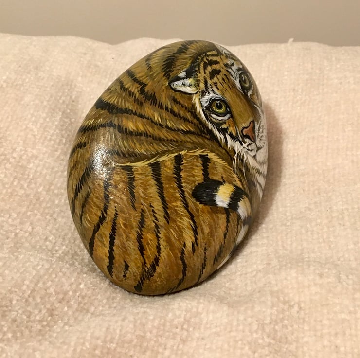 Tiger hand painted pebble garden rock art pet s... - Folksy