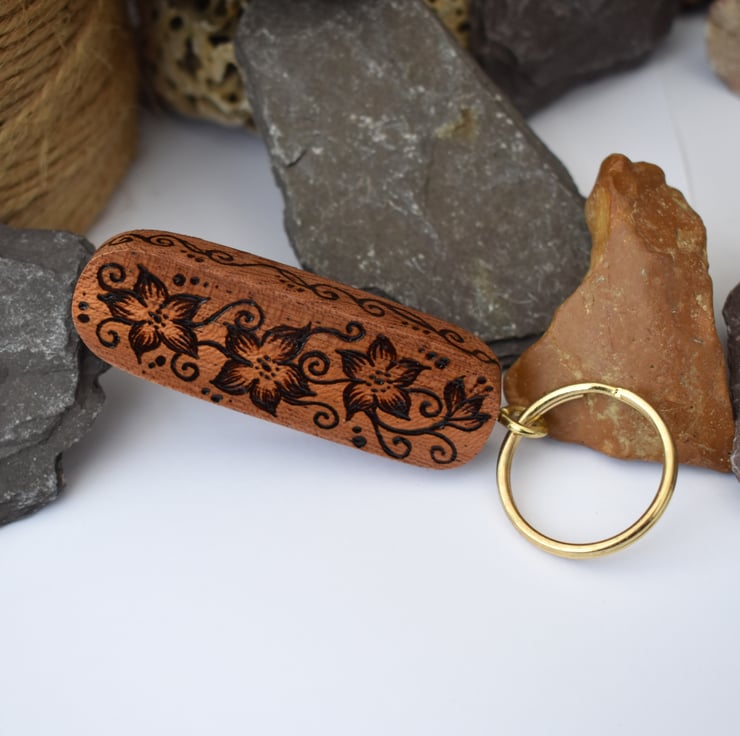 Floral pyrography keyring on mahogany. Ideal wo... - Folksy