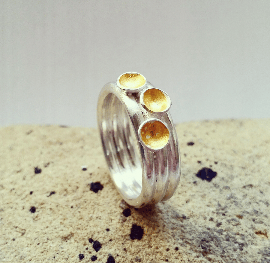Triple band handmade silver ring with three gol... - Folksy
