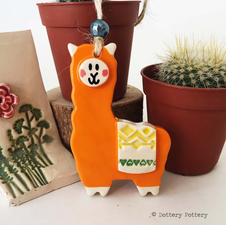 Pottery llama hanging decoration ceramic llama ... - Folksy