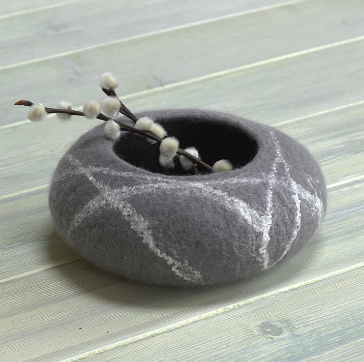 Mid Grey Felt Striped Pebble Bowl - hand felted... - Folksy