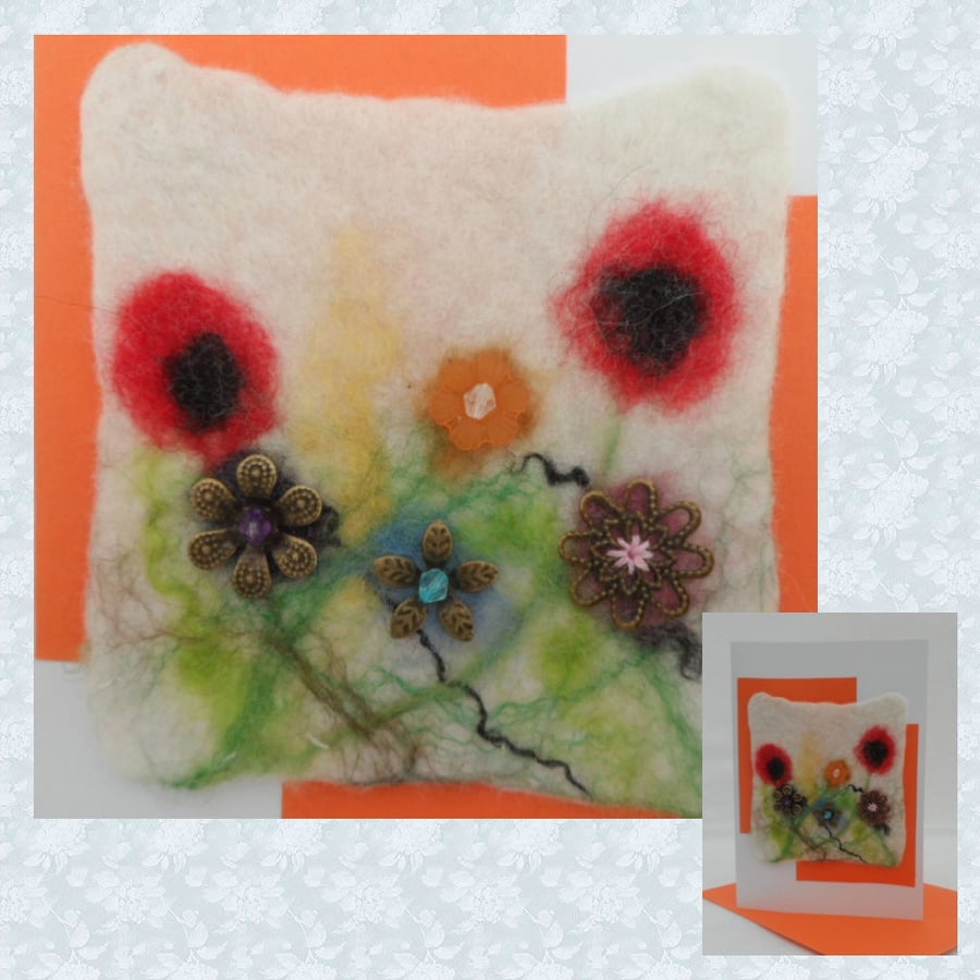 Greetings Card, felted with beaded flowers (3) - Folksy