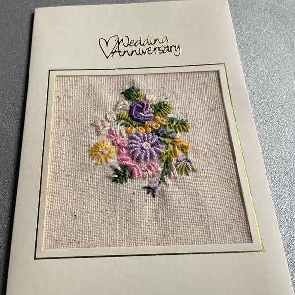 A hand embroidered card for a Wedding Anniversary - Folksy