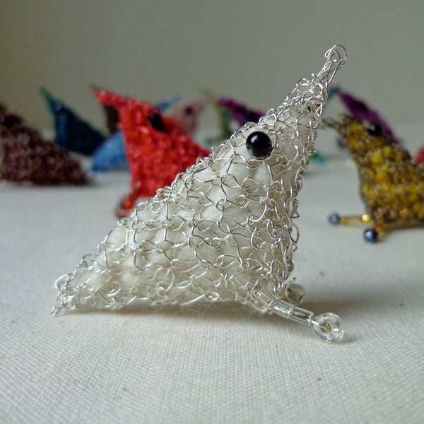 Knitted Wire Bird Brooch in Silver & White - Folksy