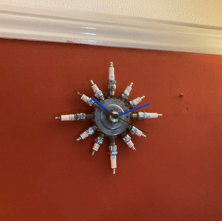 Sunburst Wall Clock, Repurposed Spark Plugs - Folksy