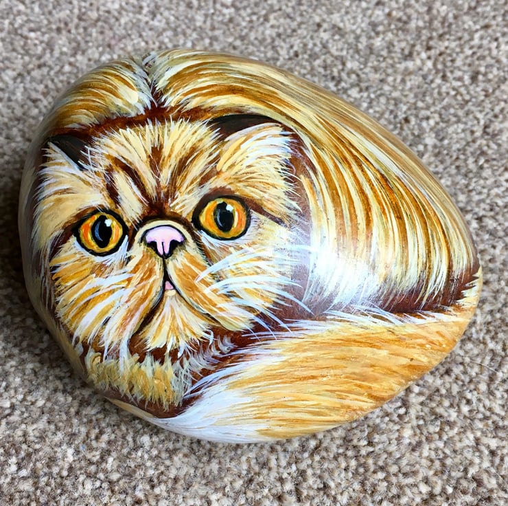 Cat hand painted pebble garden rock art pet Por... - Folksy