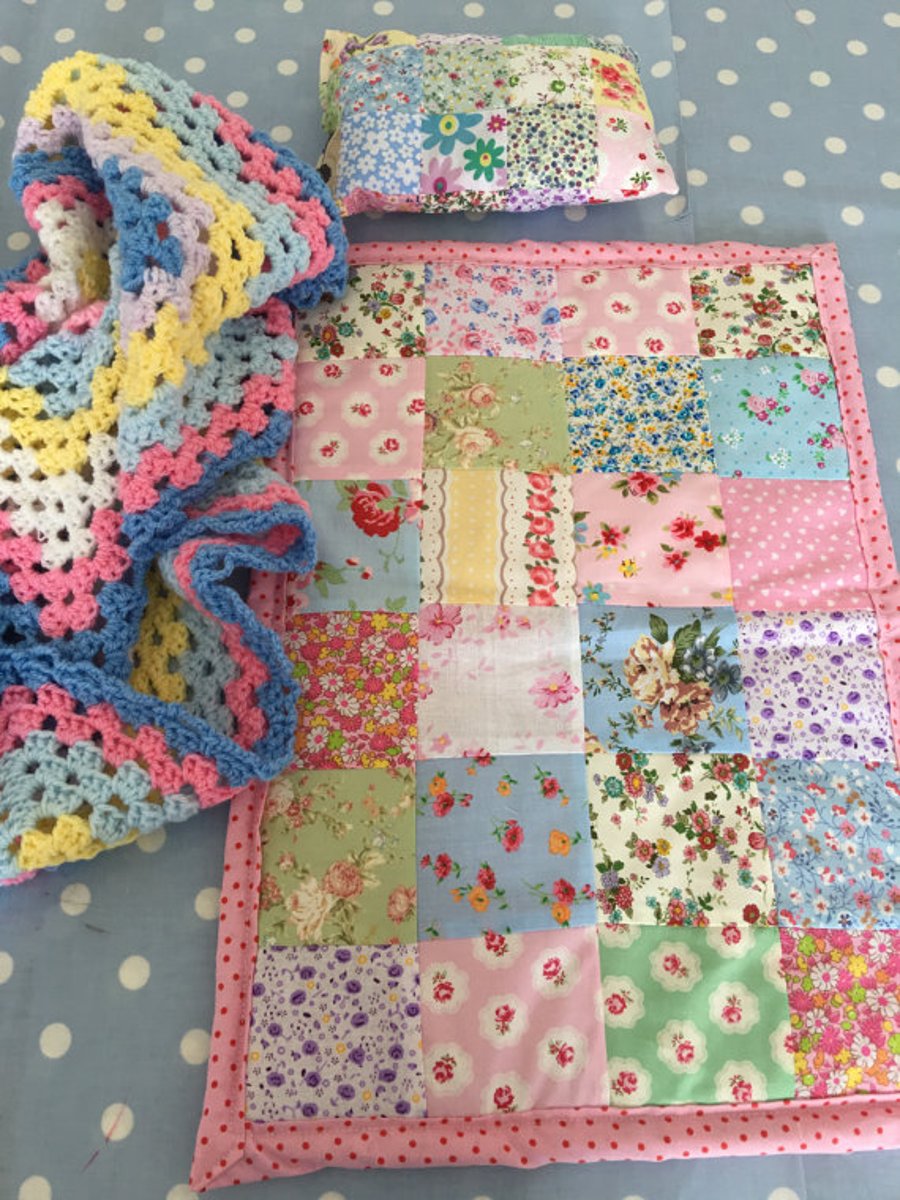 Dolls patchwork quilt,pillow and crochet blanke... - Folksy