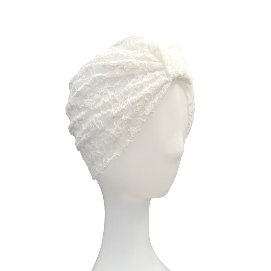 White Floral Lace Turban Head Wrap White Alopec... - Folksy