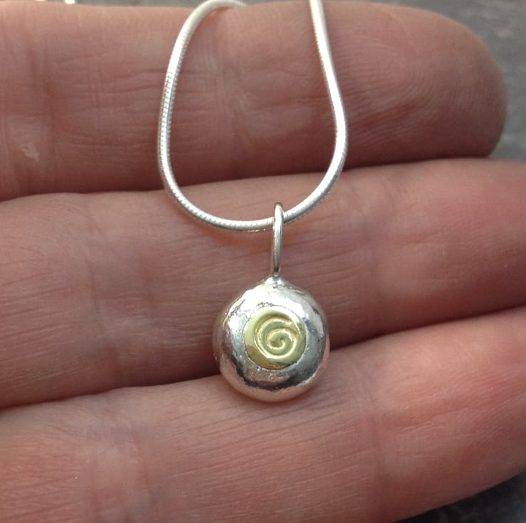 Silver and 18ct gold spiral pebble pendant and ... - Folksy