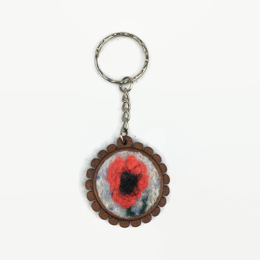 Felted poppy keyring - single poppy on pale blu... - Folksy
