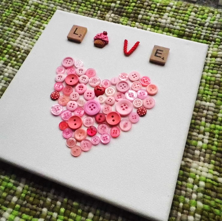 Handmade Button Heart Canvas - Folksy
