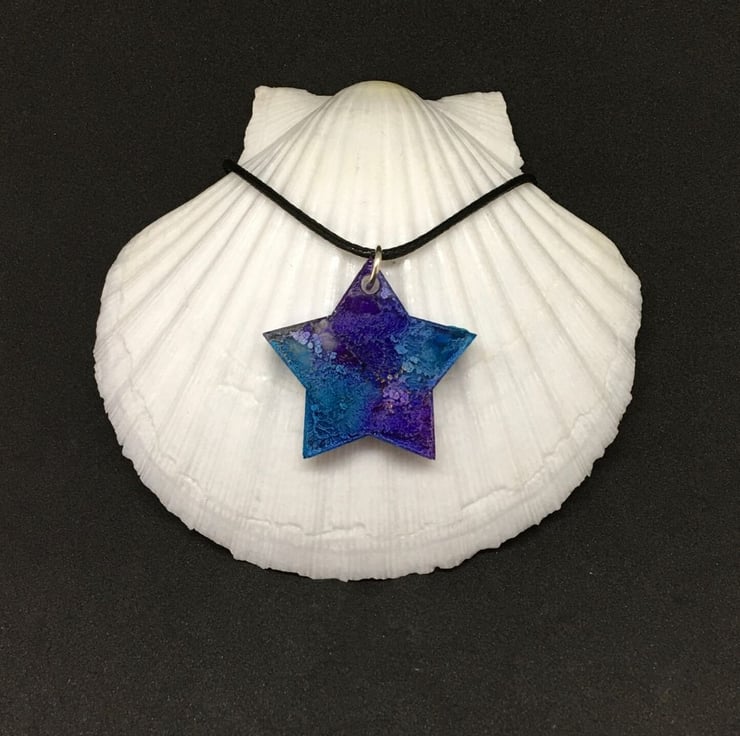 Star blue and violet resin and ink pendant with... - Folksy