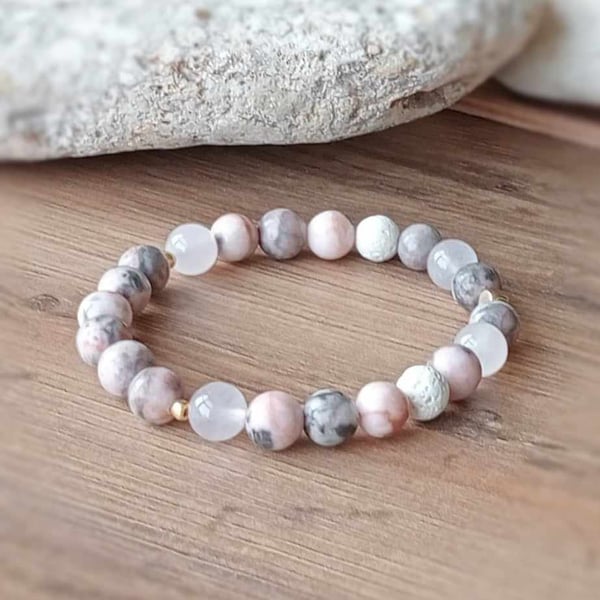 Zebra Jasper, Rose Quartz, White Lava Rock brac... - Folksy