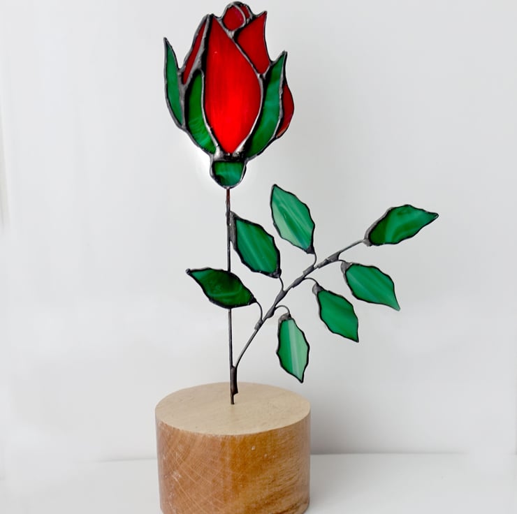 Stained Glass Single Red Rose Glass Art on soli... - Folksy