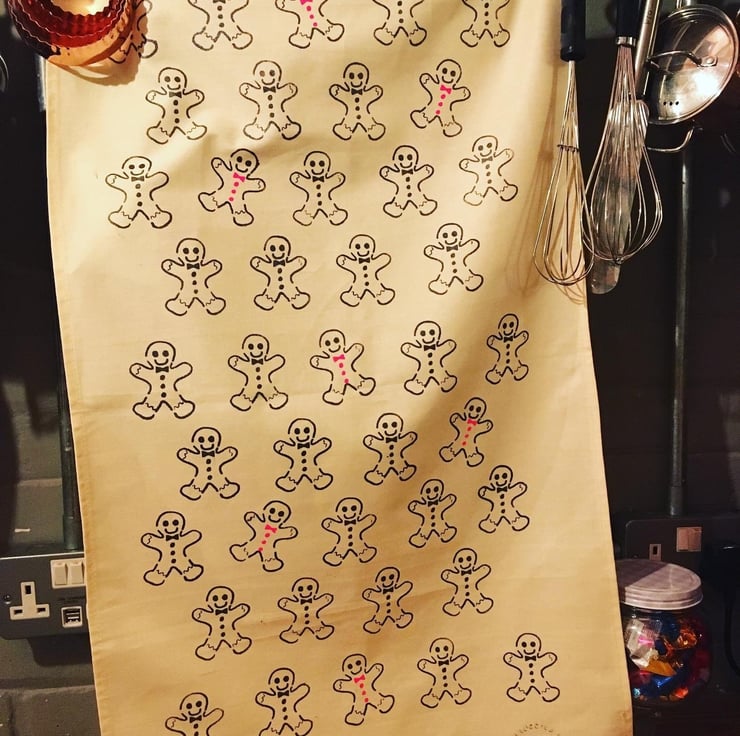 Gingerbread man Tea Towel Hand Printed White or... - Folksy