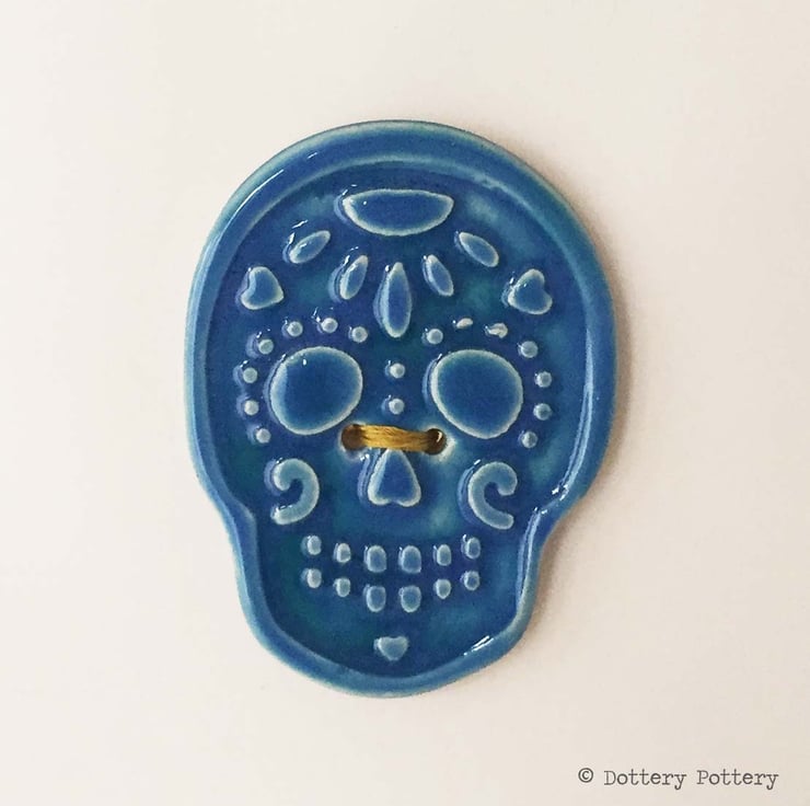 Ceramic skull button blue button pottery skull ... - Folksy