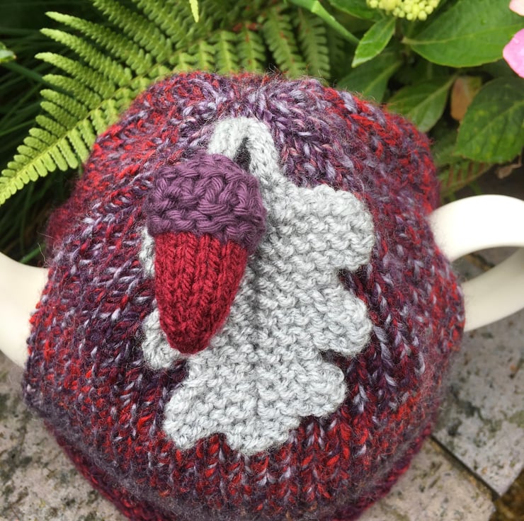 Grey and Red Tea Cosy, Autumn Acorn and Oak Leaf - Folksy