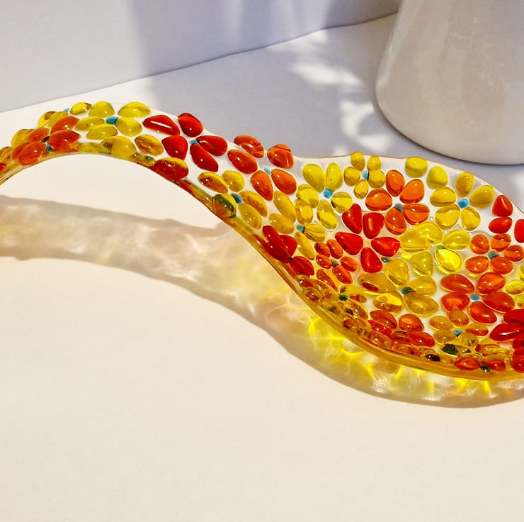 Fused glass yellow and orange ditsy spoon rest - Folksy