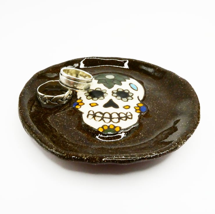 Small ceramic dish with sugar skull, day of the... - Folksy