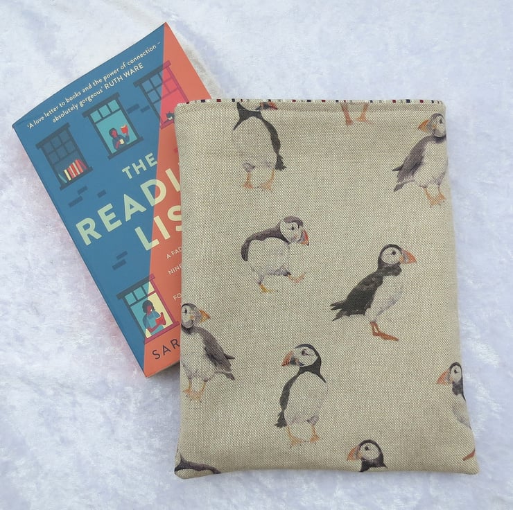 Book sleeve, puffins, book cover, size large - Folksy