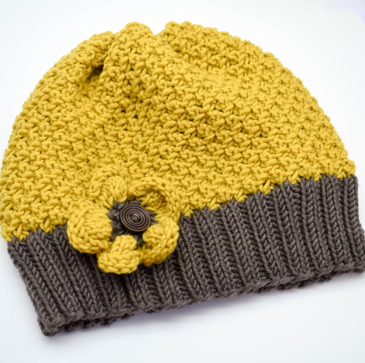 SOLD - Hand Knitted daisy beanie hat in ochre a... - Folksy