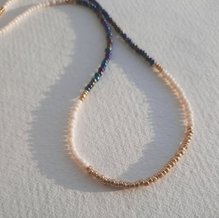 Glass beaded necklace, iridescent blue, gold, c... - Folksy