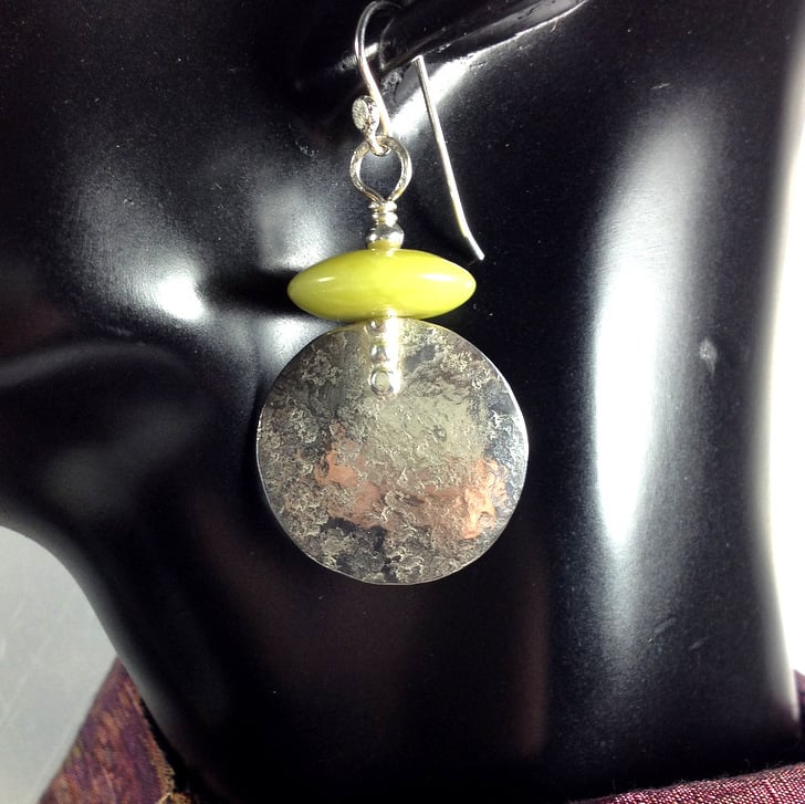 Large round silver and chartreuse stone earrings - Folksy