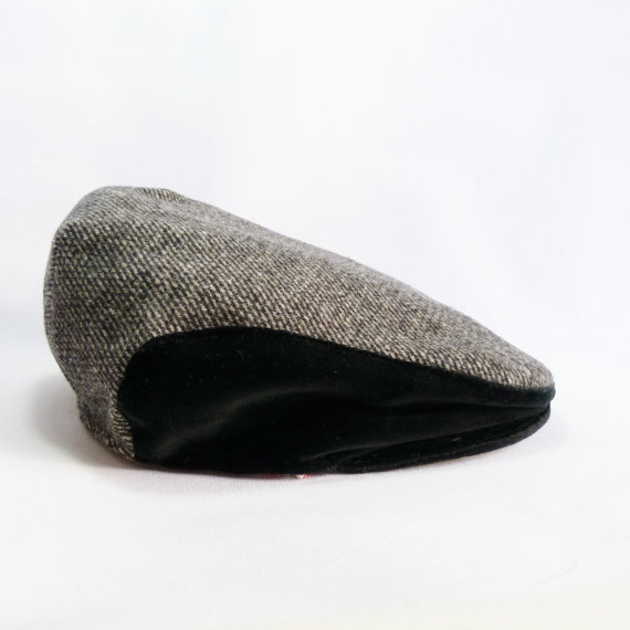 Tweed and Velvet Flat Cap - Black and Grey - Folksy