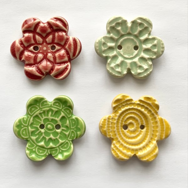 Set of four flower shaped ceramic handmade buttons - Folksy