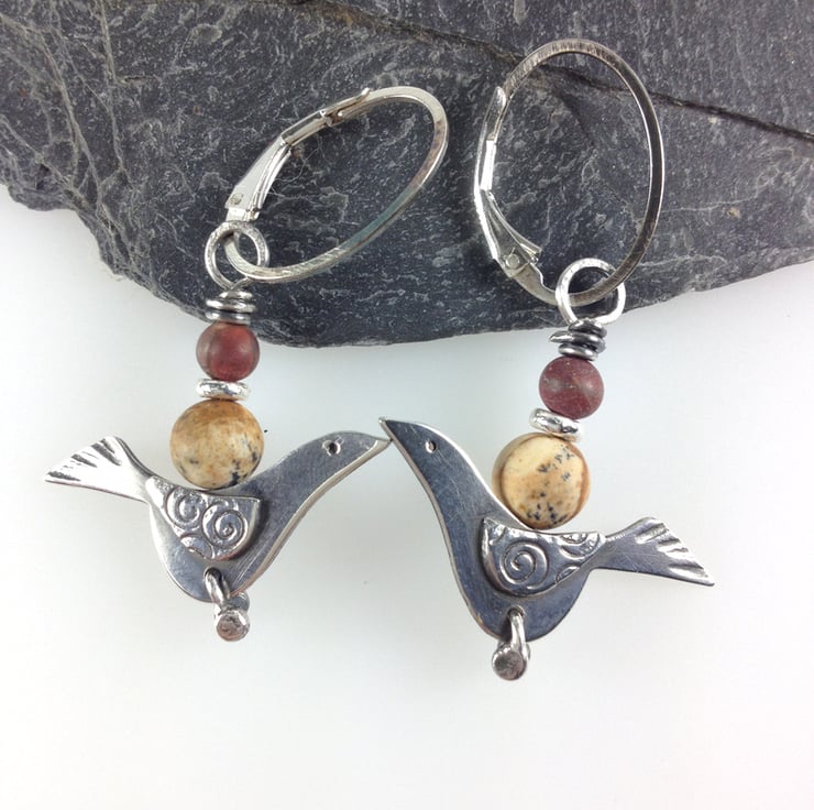 silver song bird earrings with jasper. - Folksy