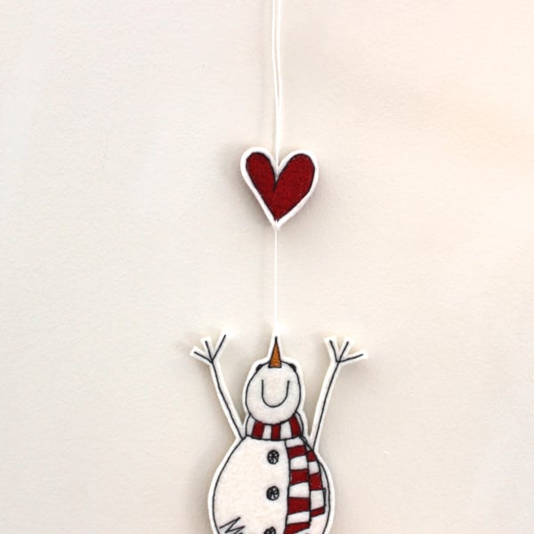 Mr Snowman Reaching for a Heart - Hanging Decor... - Folksy