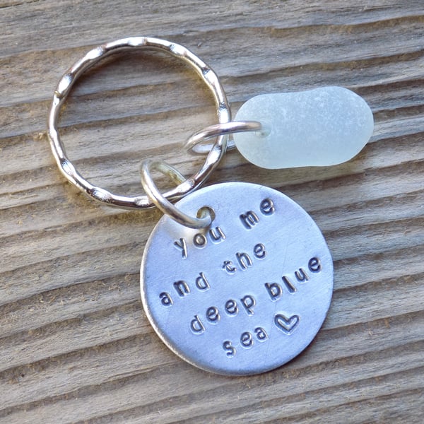 Sea glass and aluminium, stamped keyring - Folksy