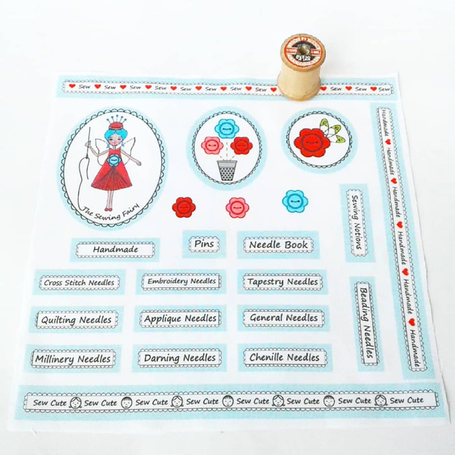 Red Sewing Fairy Fabric Panel with Needle Label... - Folksy